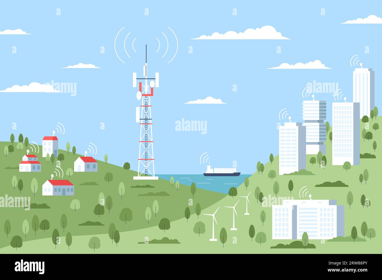 Wireless tower in village valley, traffic internet landscape. It city, antenna construction and ...