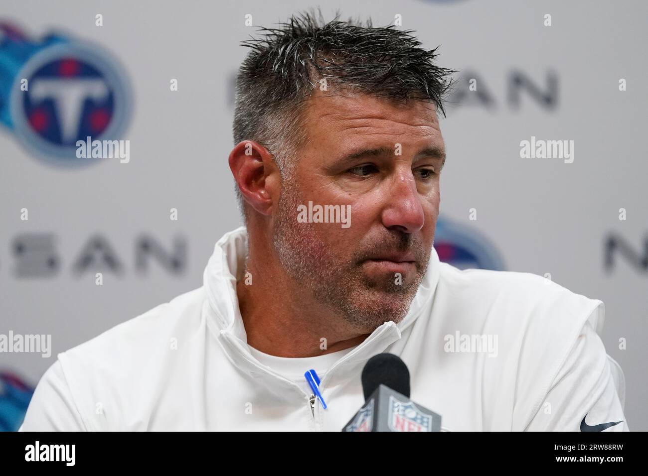 Tennessee Titans head coach Mike Vrabel responds to questions during a ...