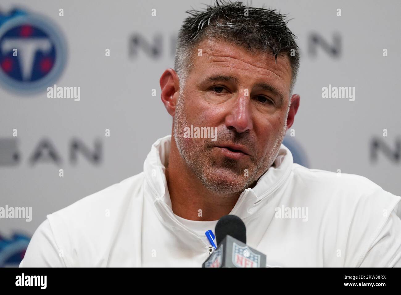 Tennessee Titans head coach Mike Vrabel responds to questions during a ...