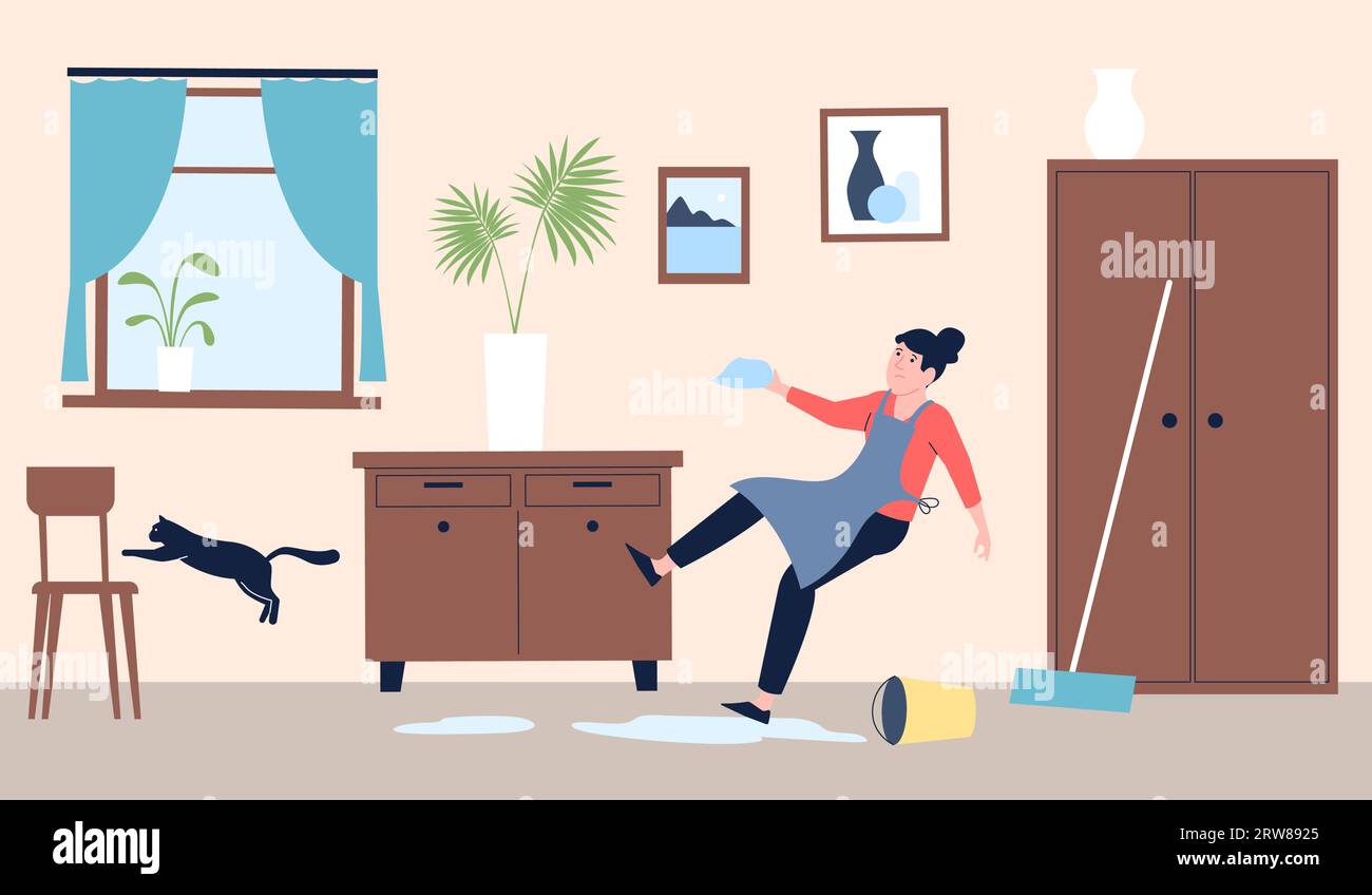 Home accident. Woman fell on floor, household injury. Female character ...