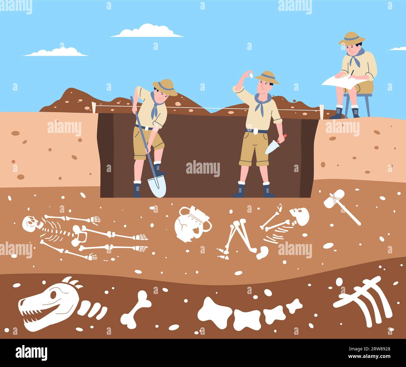Paleontologist working. Historical archeology discovery, cartoon ...