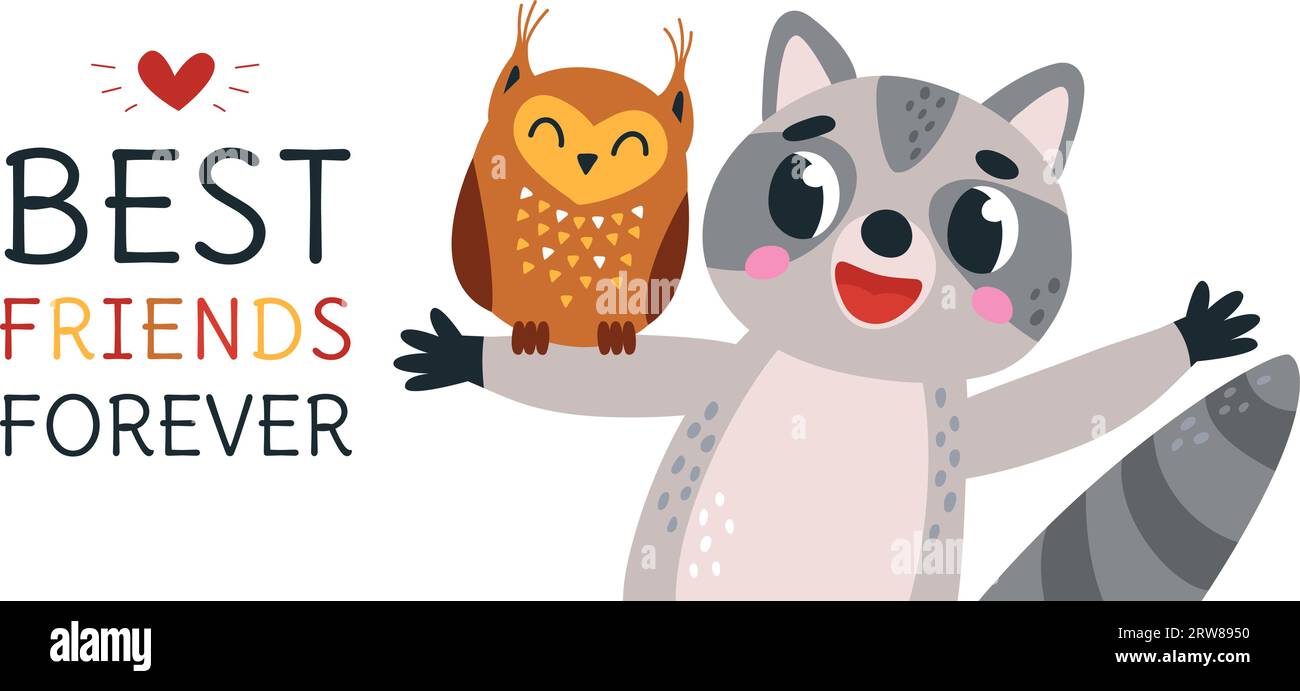 Best friends childish print. Cartoon funny raccoon hold owl, woodland ...