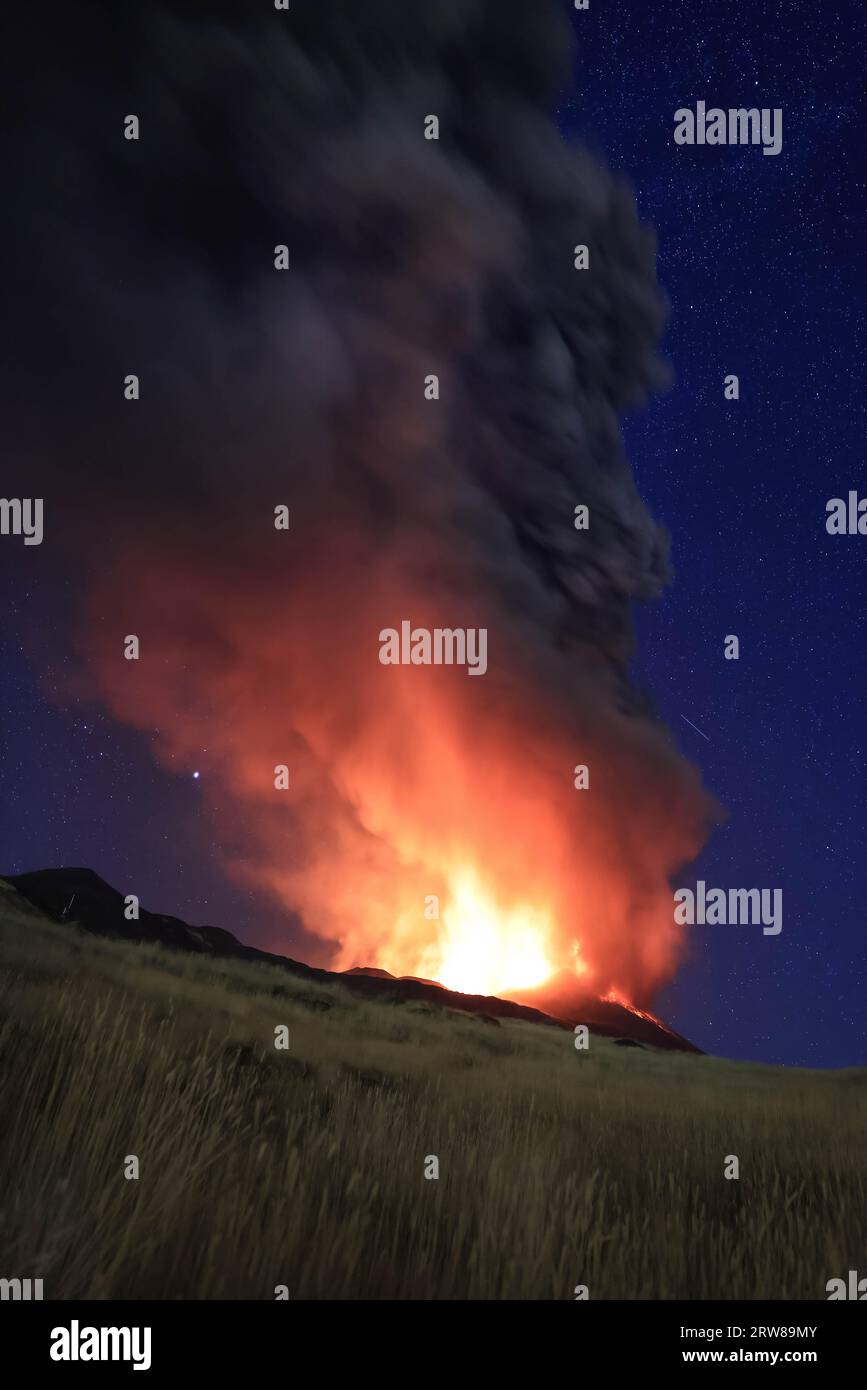 Etna eruption in Sicily with panoramic view of the large column of smoke and ash from the ...