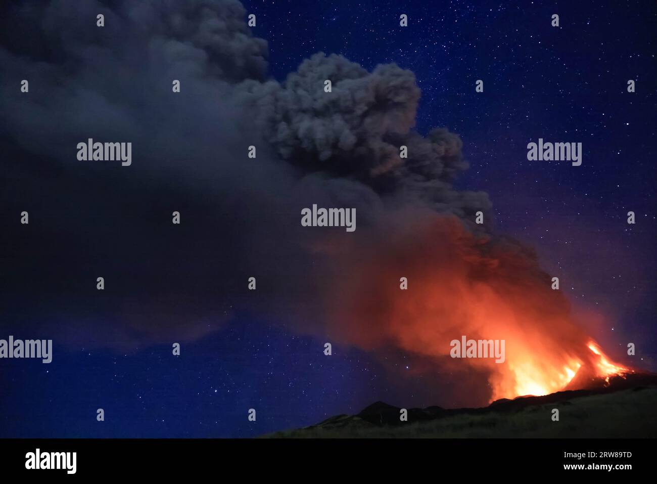 Etna eruption in Sicily with panoramic view of the large column of smoke and ash from the ...