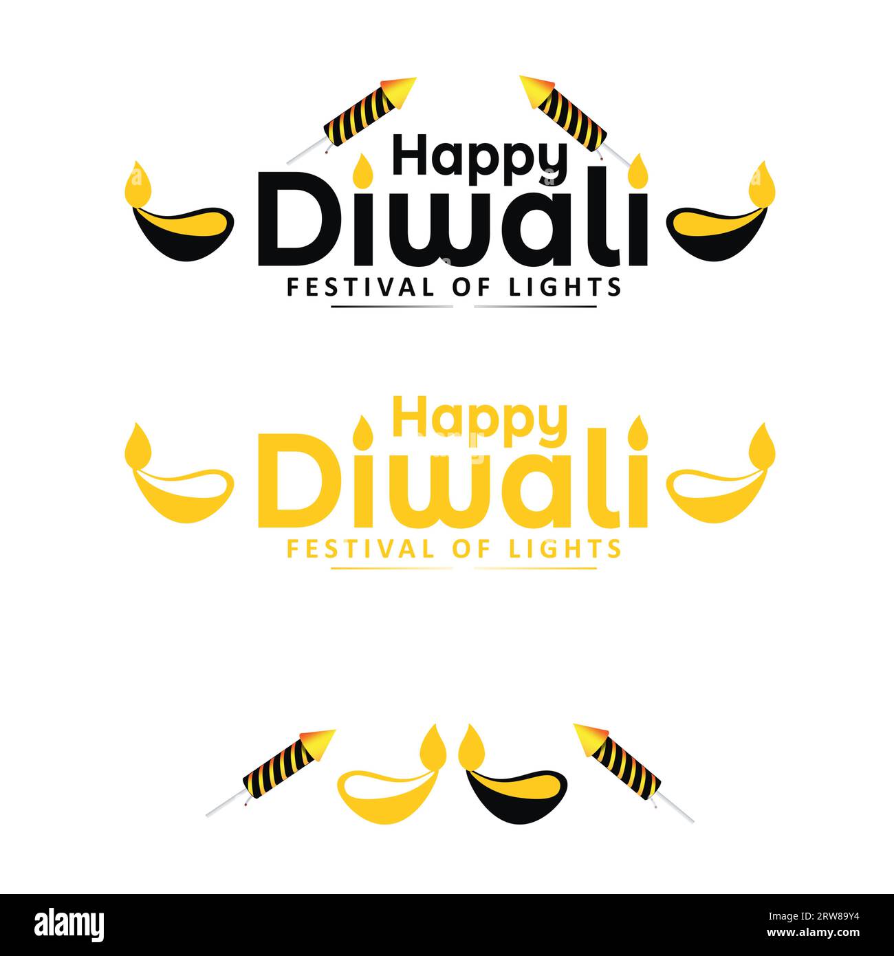 Set of Happy Diwali Text Design with Fireworks and oil lamp on white ...