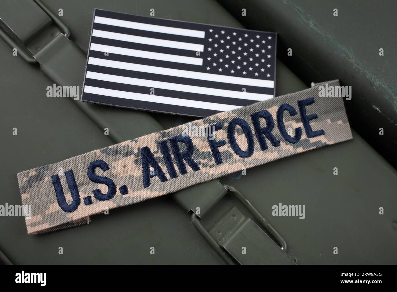 US AIR FORCE branch tape and us national flag patch on green ammo can ...