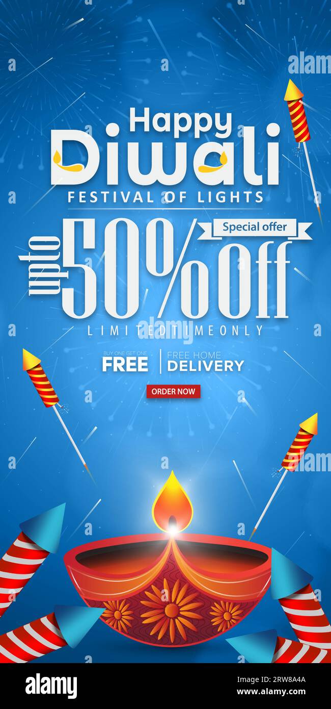 50% Off Happy Diwali Promotion Sale Banner Design Template. Diwali Diya ...