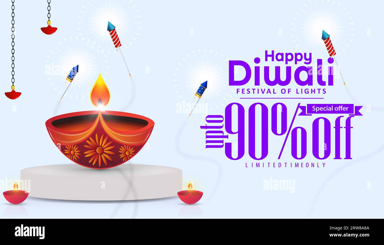 Happy Diwali sale poster or banner design and 90% discount tag vector ...