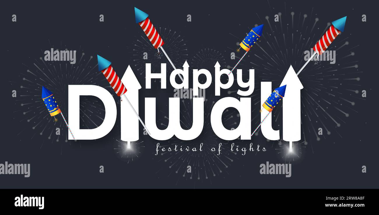 Happy Diwali Text Design with Fireworks on black background. Vector ...