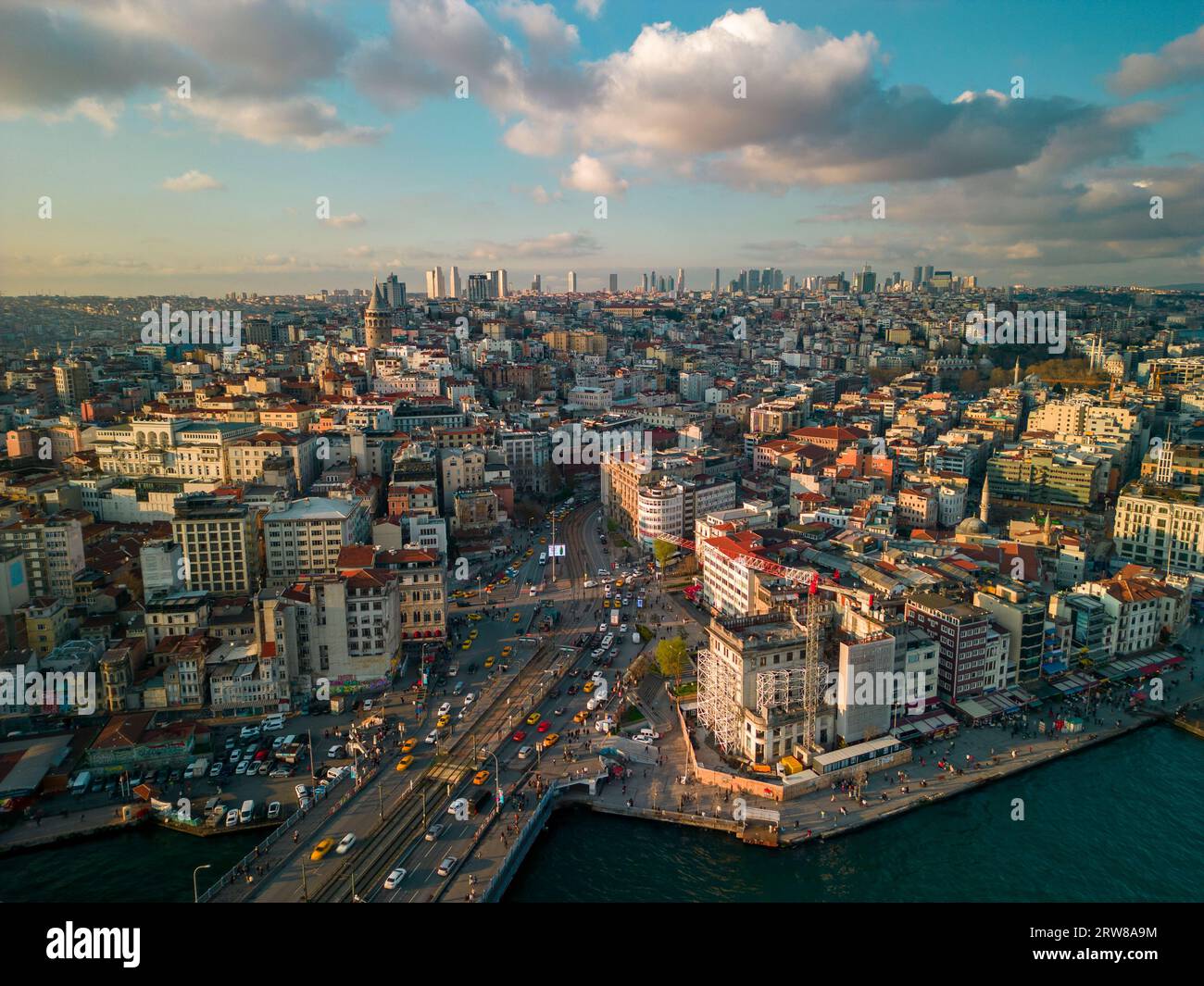 Drone view of the Galata Bridge, view of the Galata Tower. Spring ...