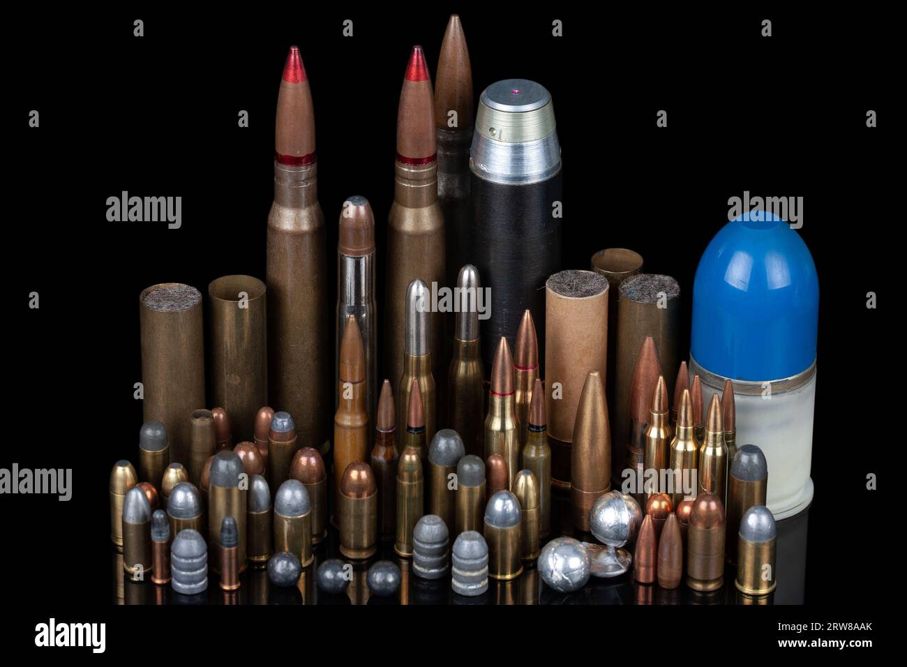 Ammuninition isolated on black background with reflexion. Different ...