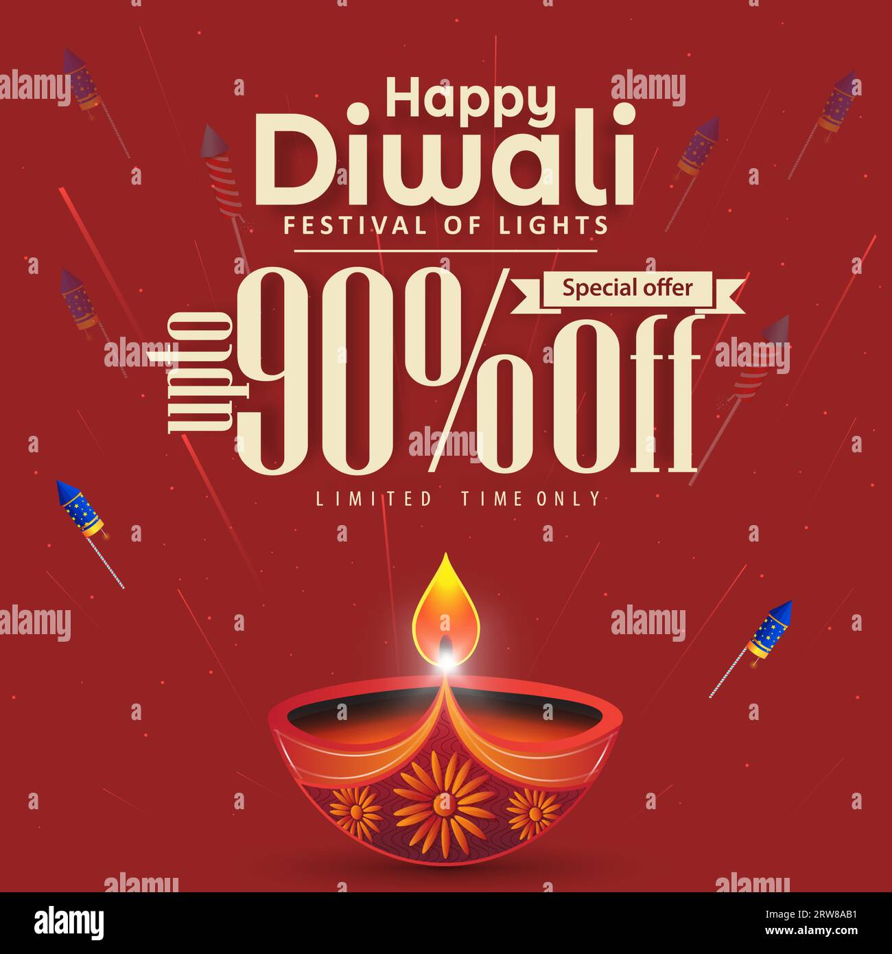 90% off happy diwali sales banner template design with fireworks on red ...