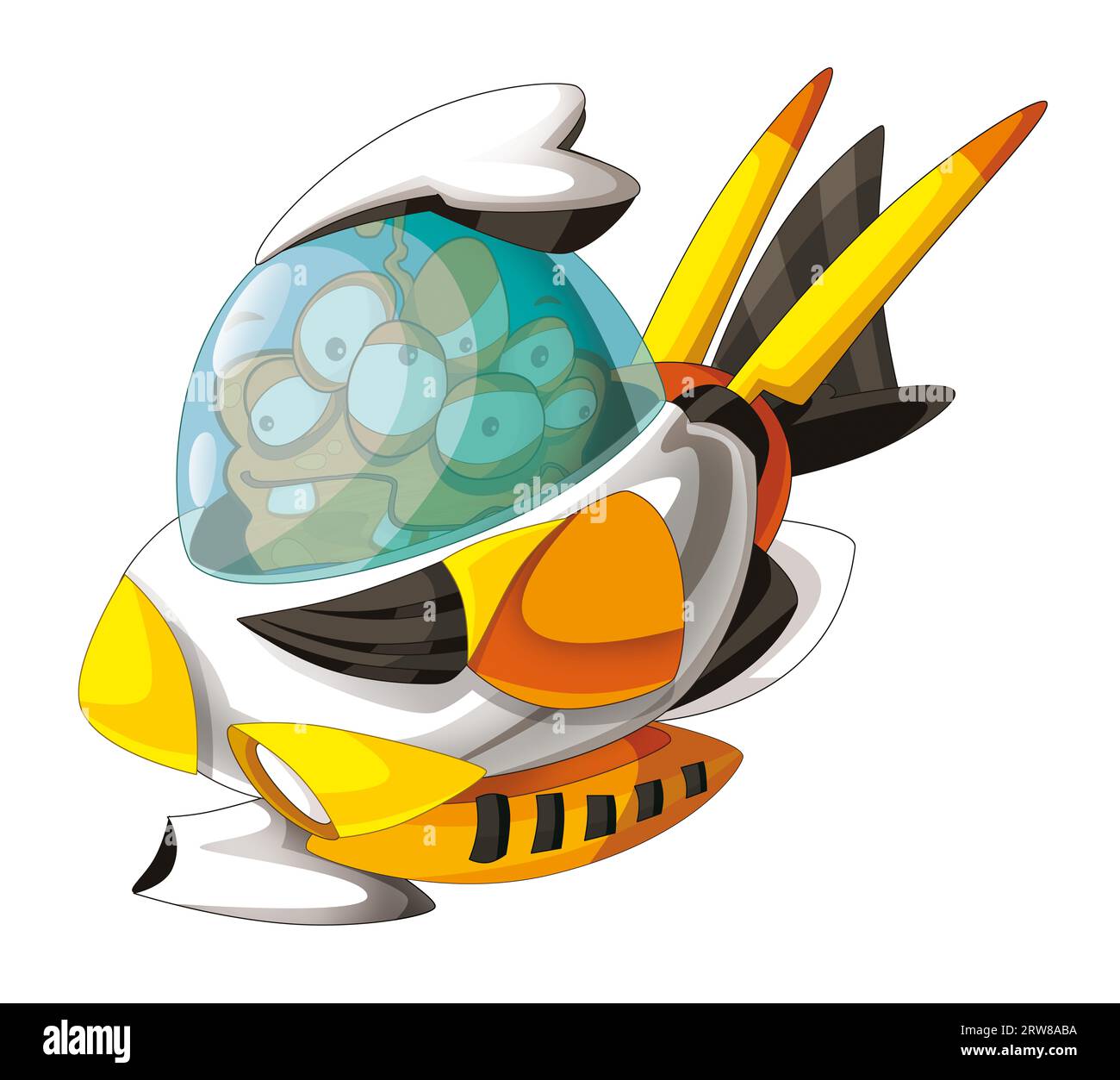 Cartoon alien on a ufo space ship or star ship amusement park or ...