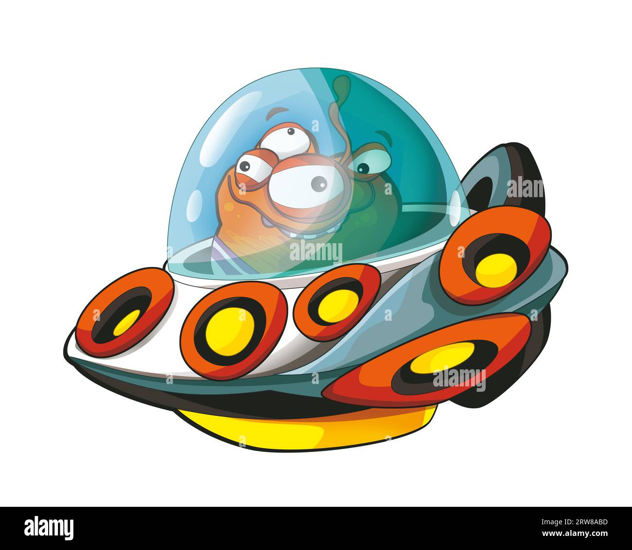 Cartoon alien on a ufo space ship or star ship amusement park or ...