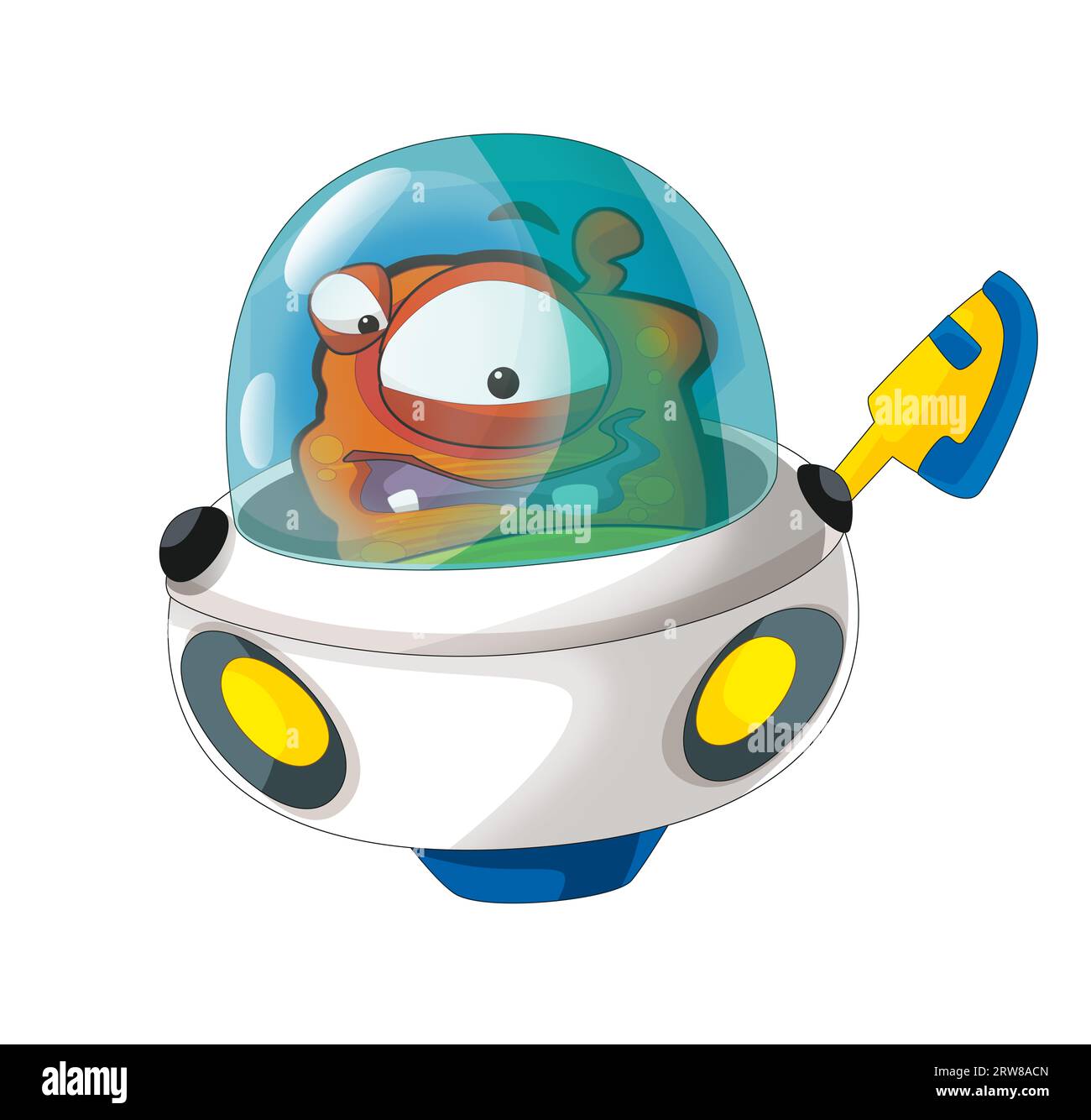 Cartoon alien on a ufo space ship or star ship amusement park or ...