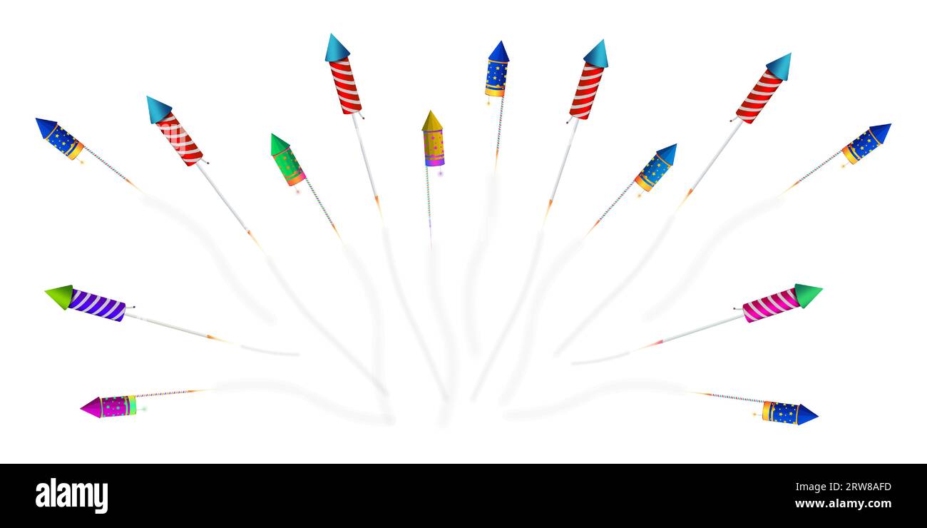 Set of colorful fireworks rocket isolated in different colors on a ...