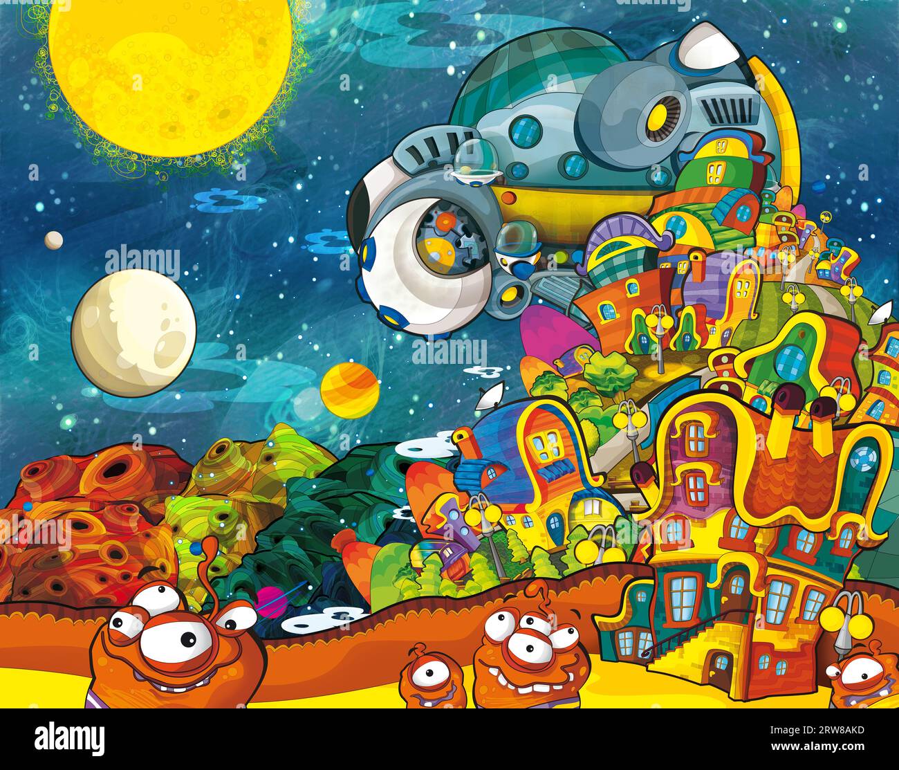 Cartoon funny colorful scene of cosmos galactic alien ufo isolated ...