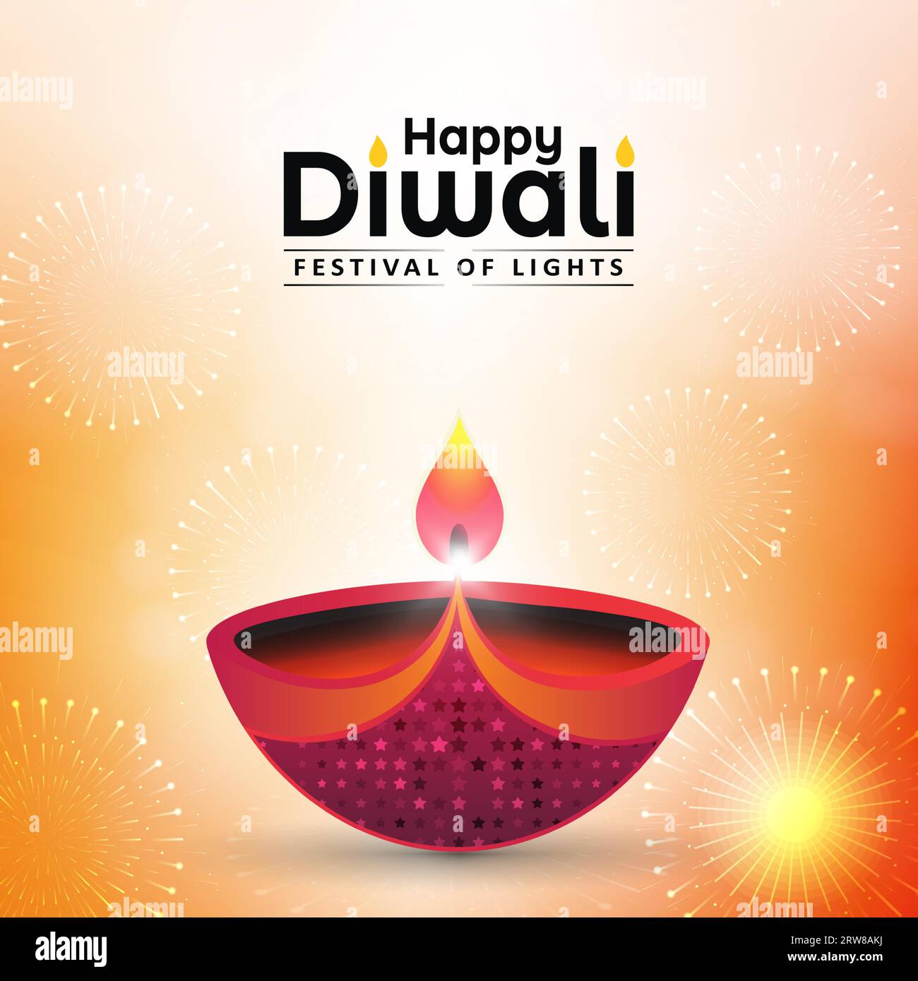 Happy Diwali festival greeting card design with diya oil lamp decorated with firecrackers on ...