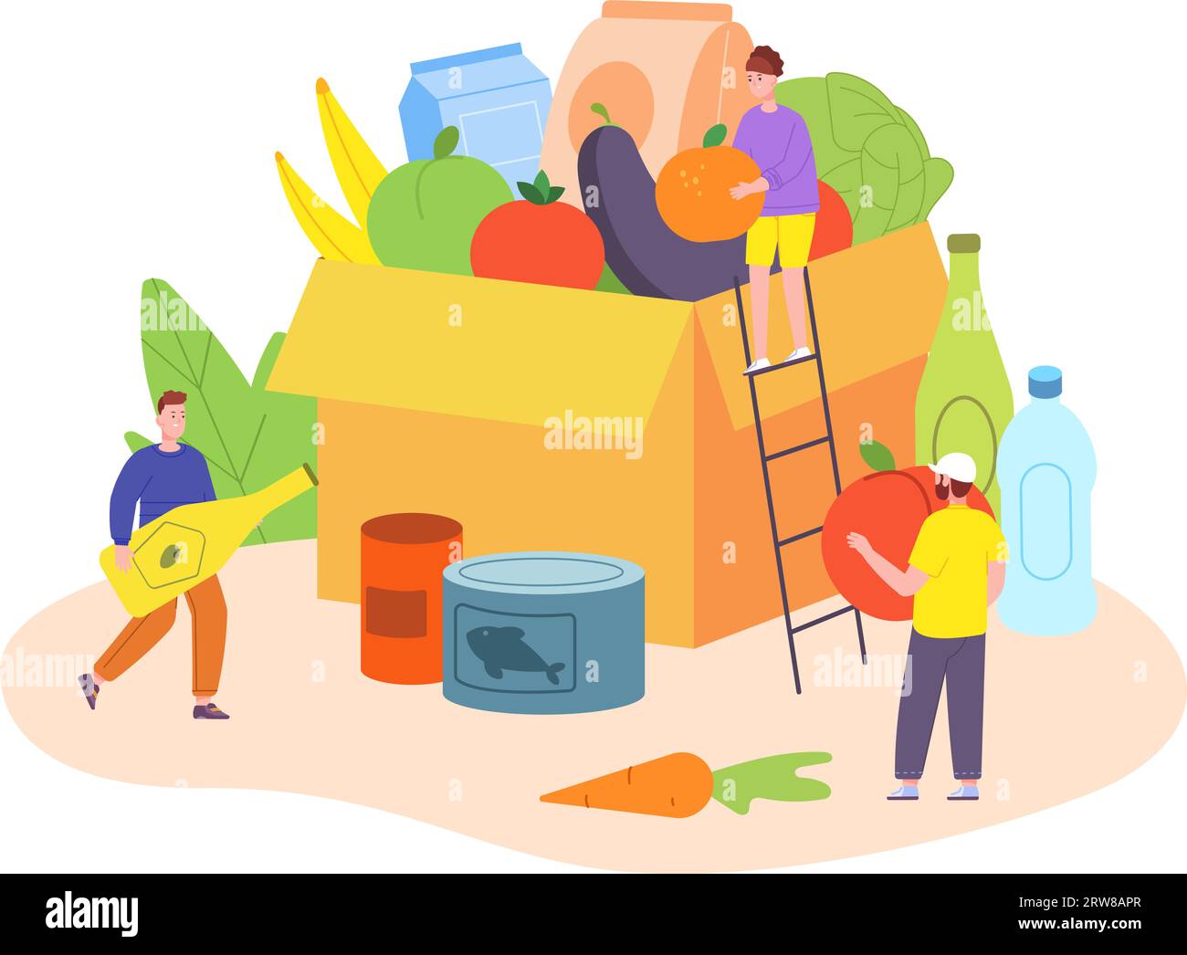 Shelter food donation. Volunteer teamwork collects meal in box storage ...