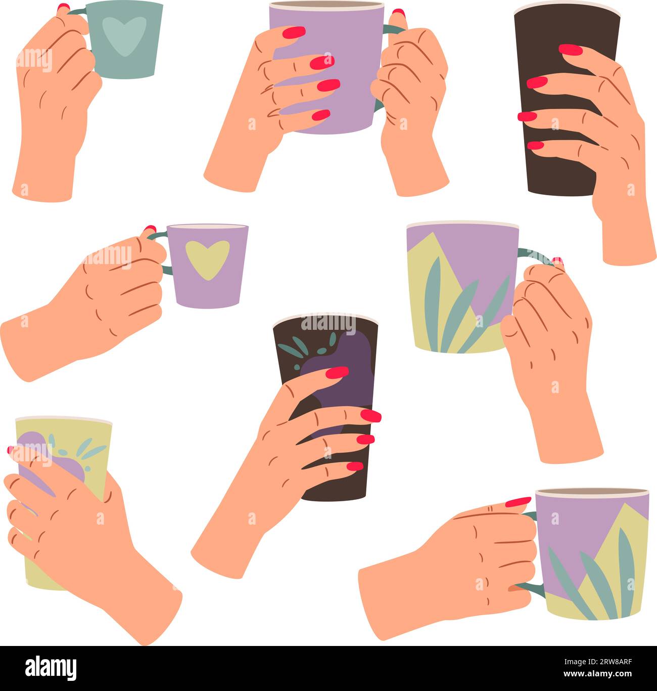 Collection of hands holding different mugs, glasses, cups with drinks ...