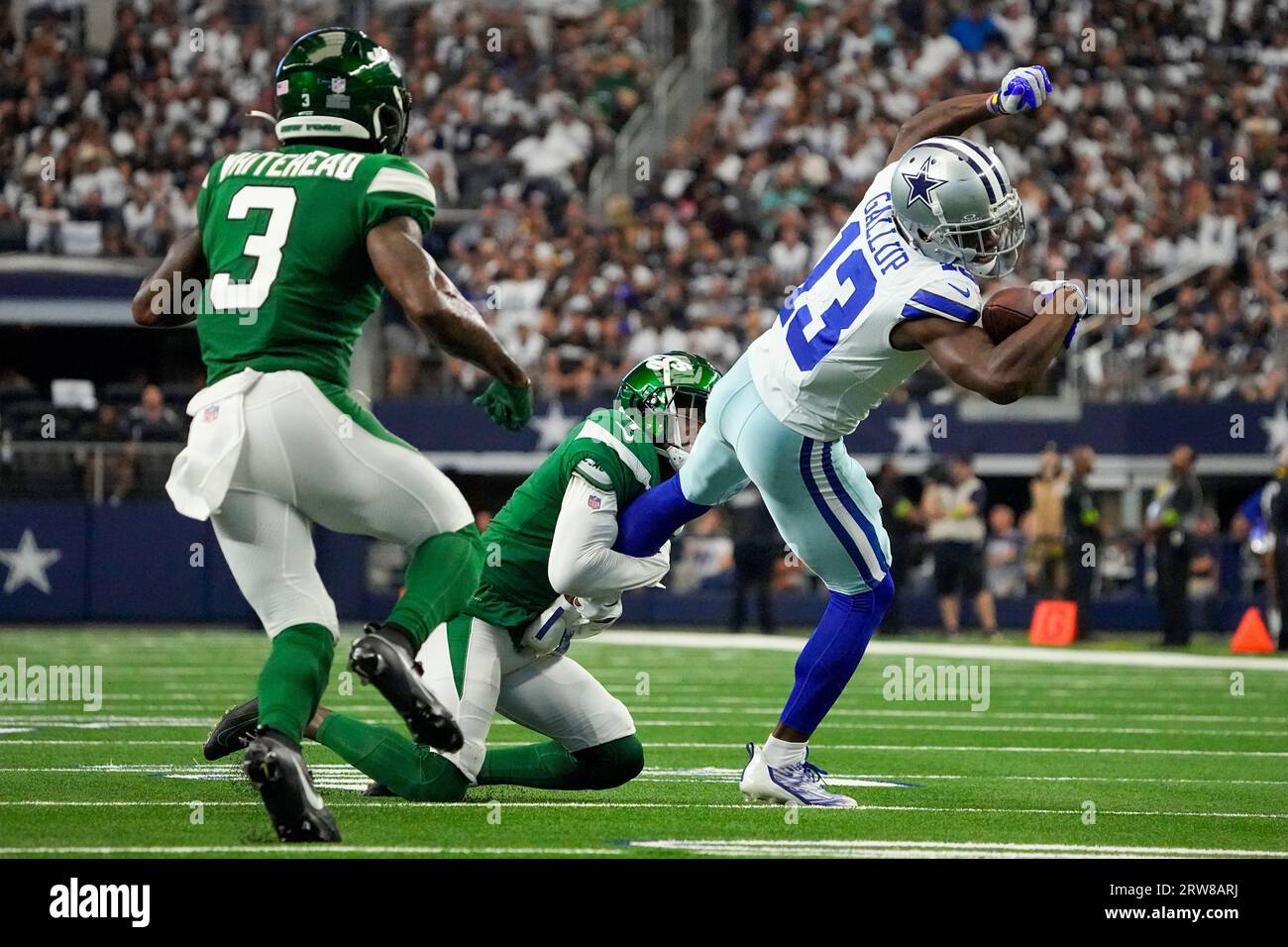 Dallas Cowboys wide receiver Michael Gallup is tackled by New York Jets ...