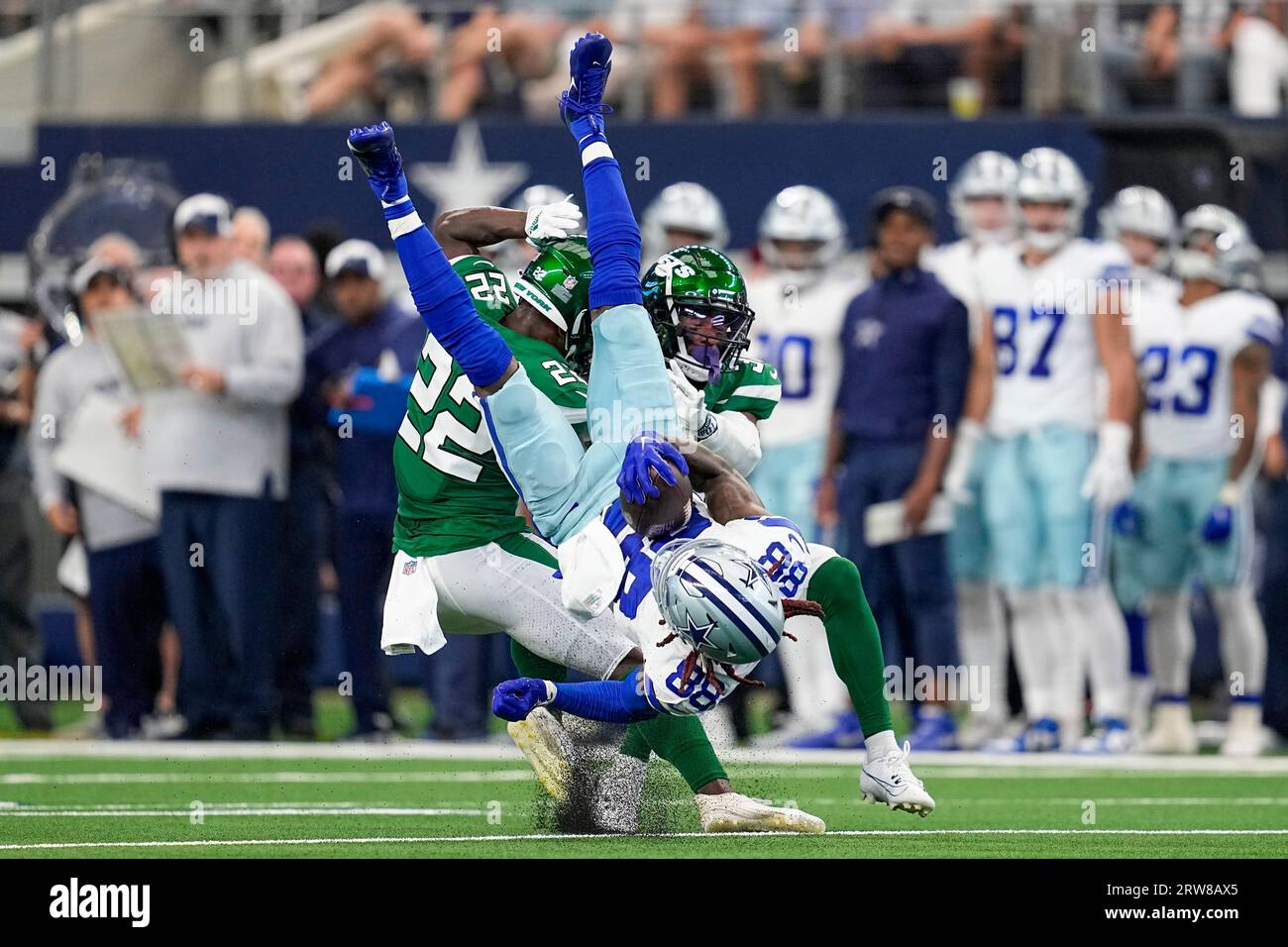 Dallas Cowboys wide receiver CeeDee Lamb is tackled by New York Jets ...