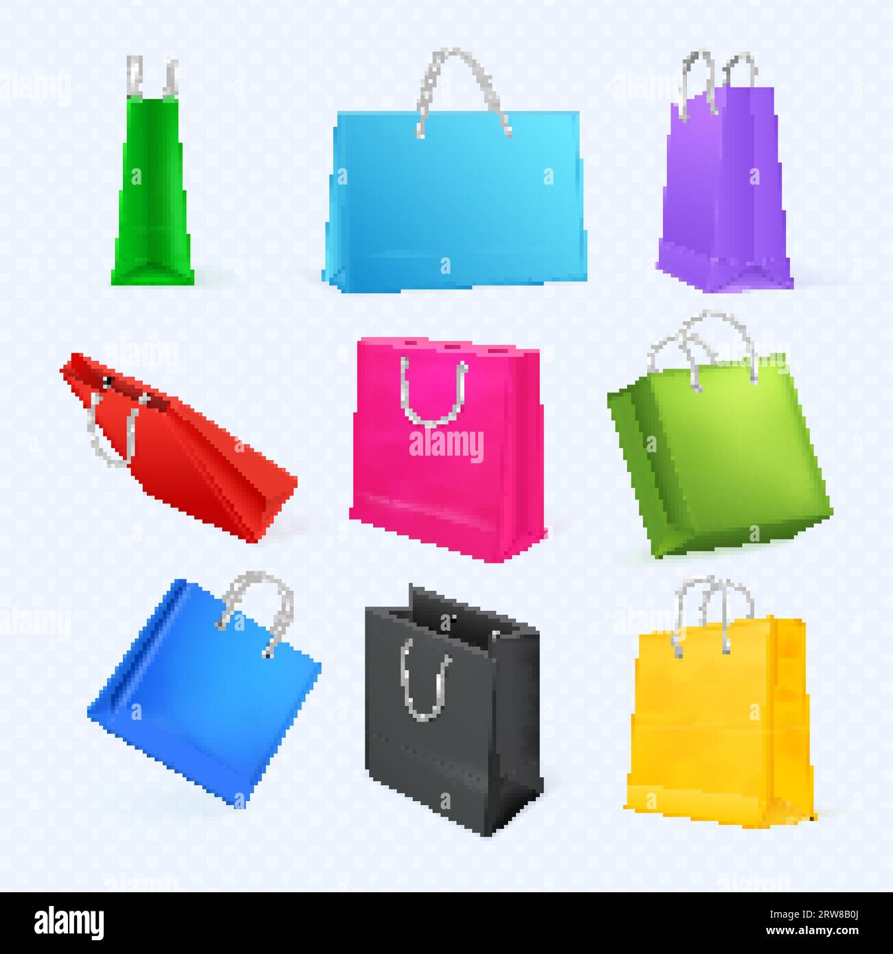 Realistic colorful shopping bags. 3d fashion paper bag mockup, elegant ...