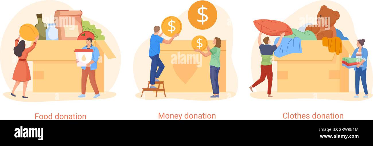 Humanitarian fundraising. People collect coins food clothing donations ...