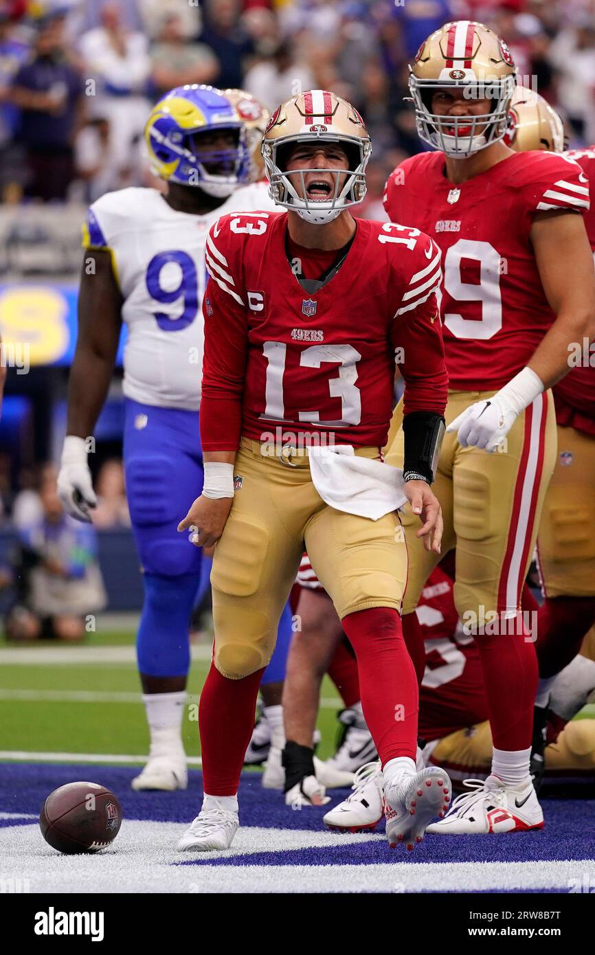 San Francisco 49ers quarterback Brock Purdy, center, celebrates after ...
