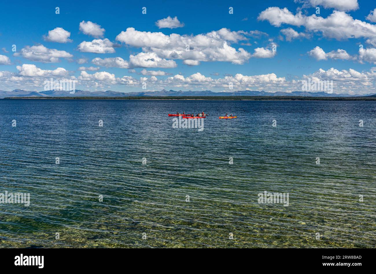 Kayaks in Yellowstone Lake, Yellowstone National Park, are touring by ...