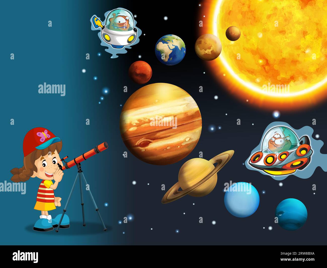 Cartoon funny colorful scene of cosmos galactic alien ufo girl pupil ...
