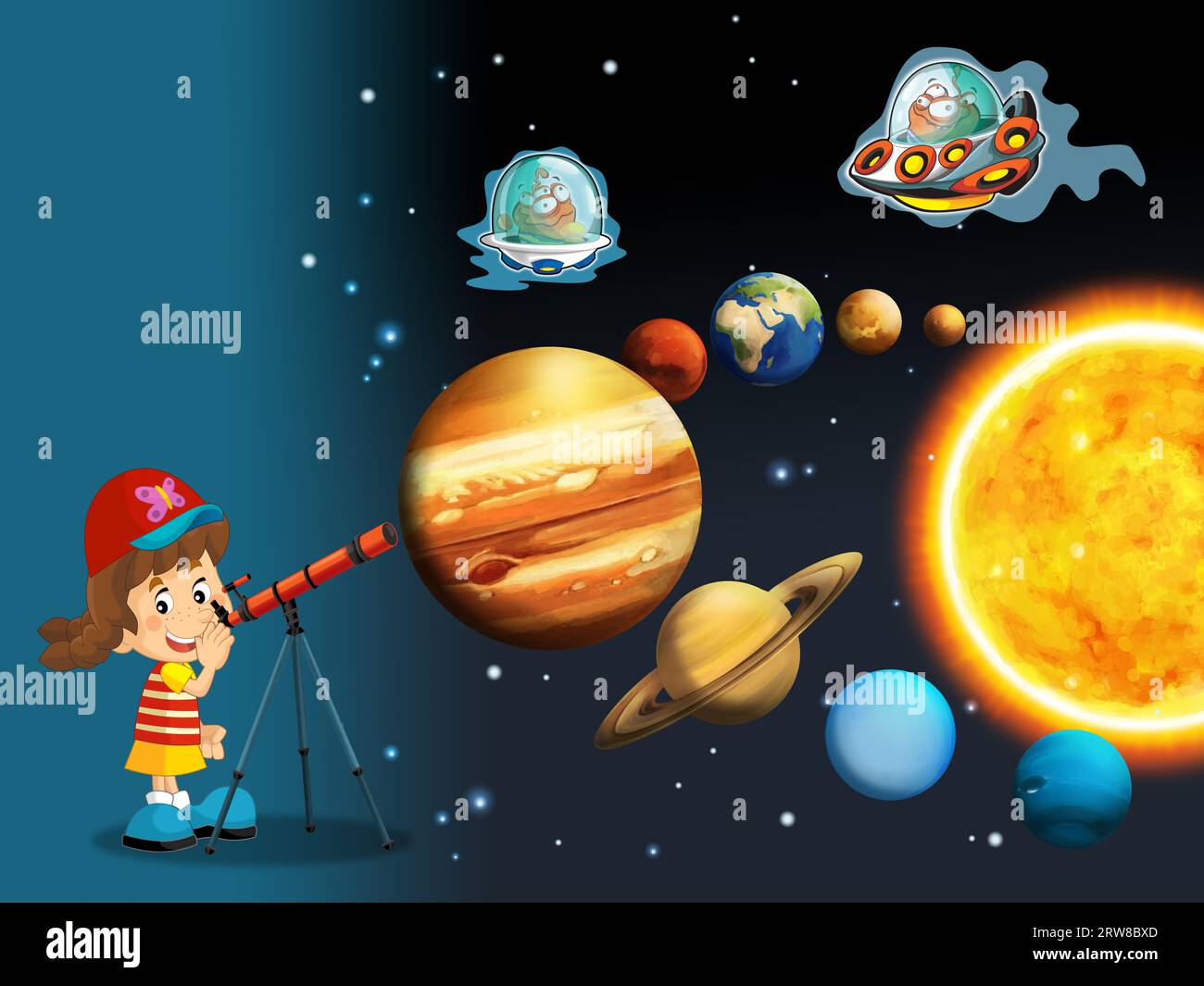 Cartoon funny colorful scene of cosmos galactic alien ufo girl pupil ...