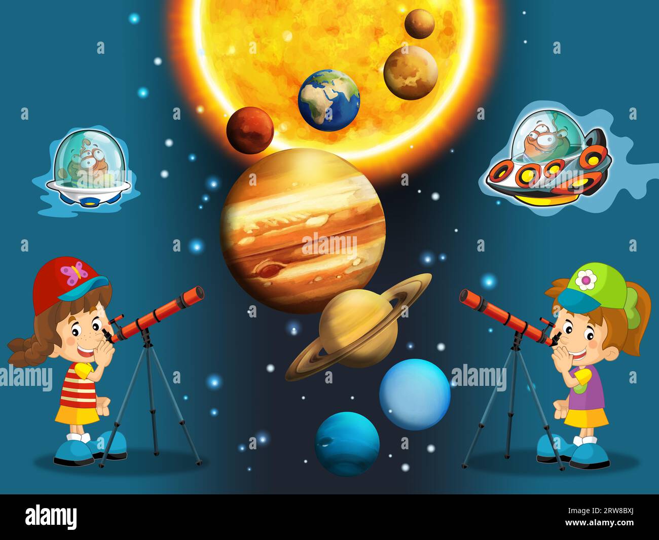 Cartoon funny colorful scene of cosmos galactic alien ufo girl pupil ...