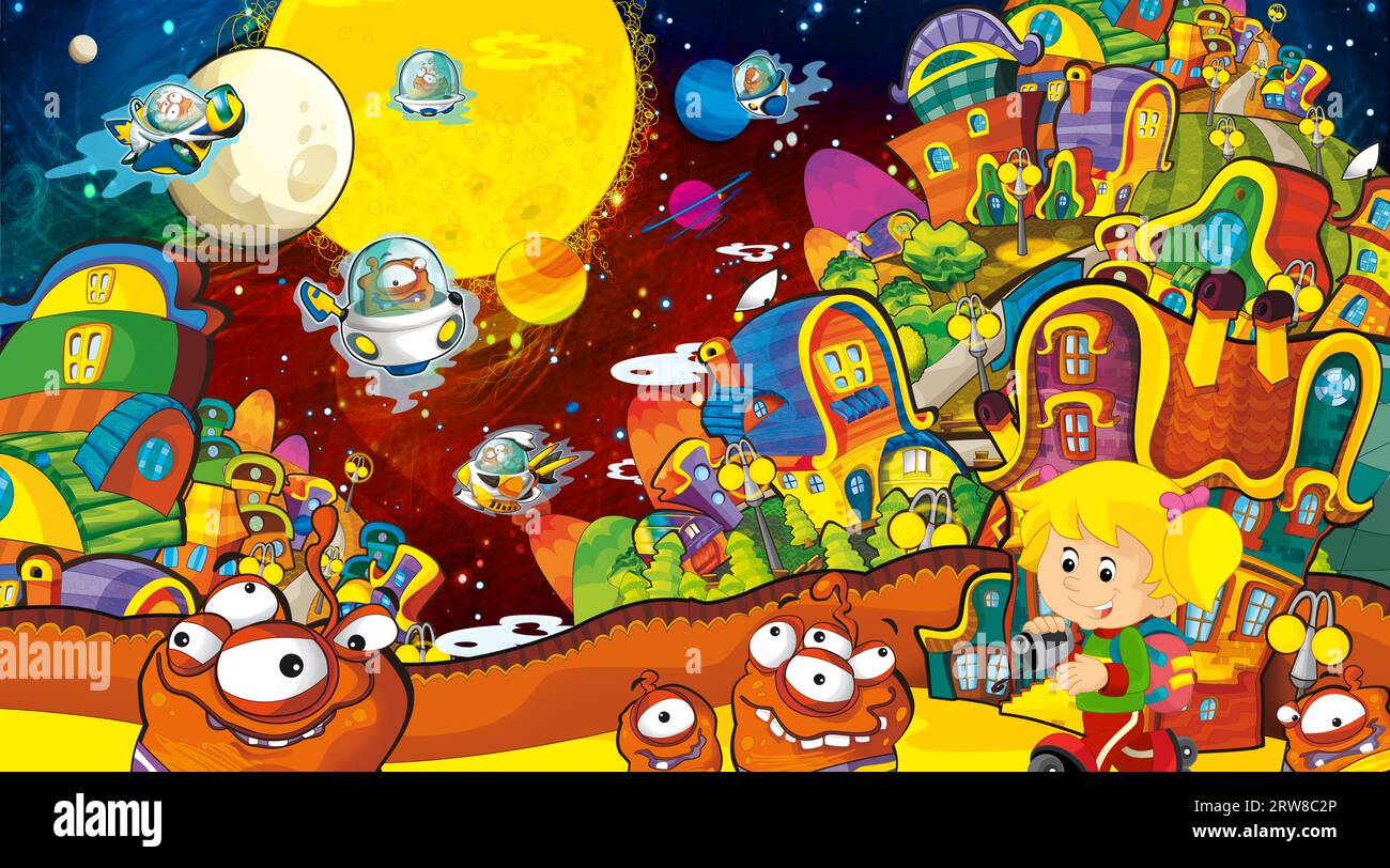 Cartoon funny colorful scene of cosmos galactic alien ufo isolated ...