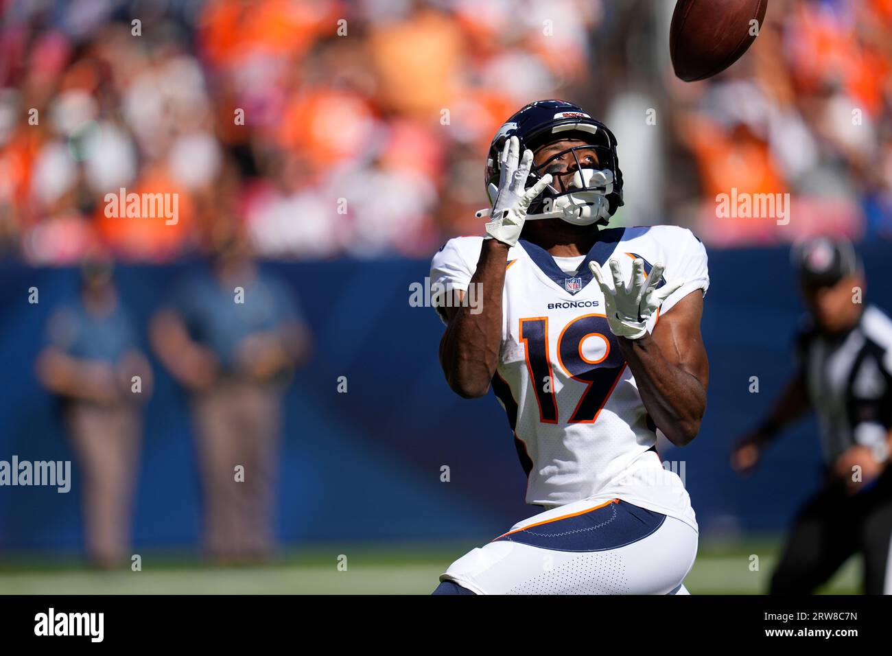 Denver Broncos wide receiver Marvin Mims Jr. catches a pass for a 60 ...