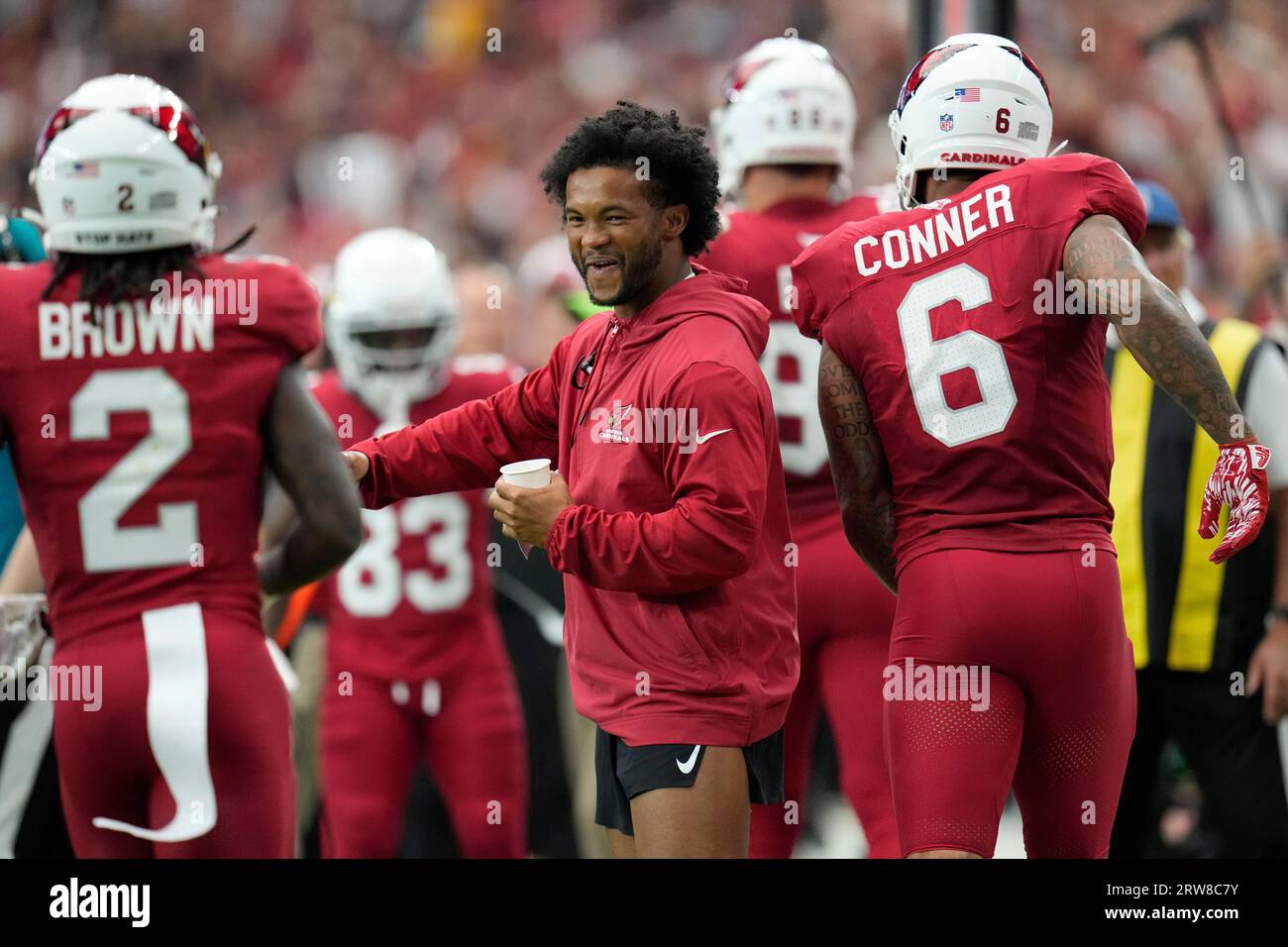 Arizona Cardinals quarterback Kyler Murray (1) stands on the sideline ...