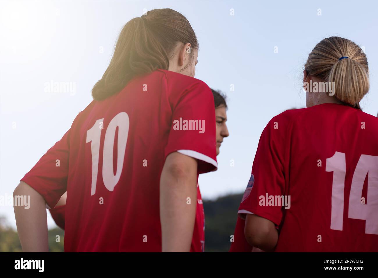 Sports team, girl soccer and kick ball on field in a tournament ...
