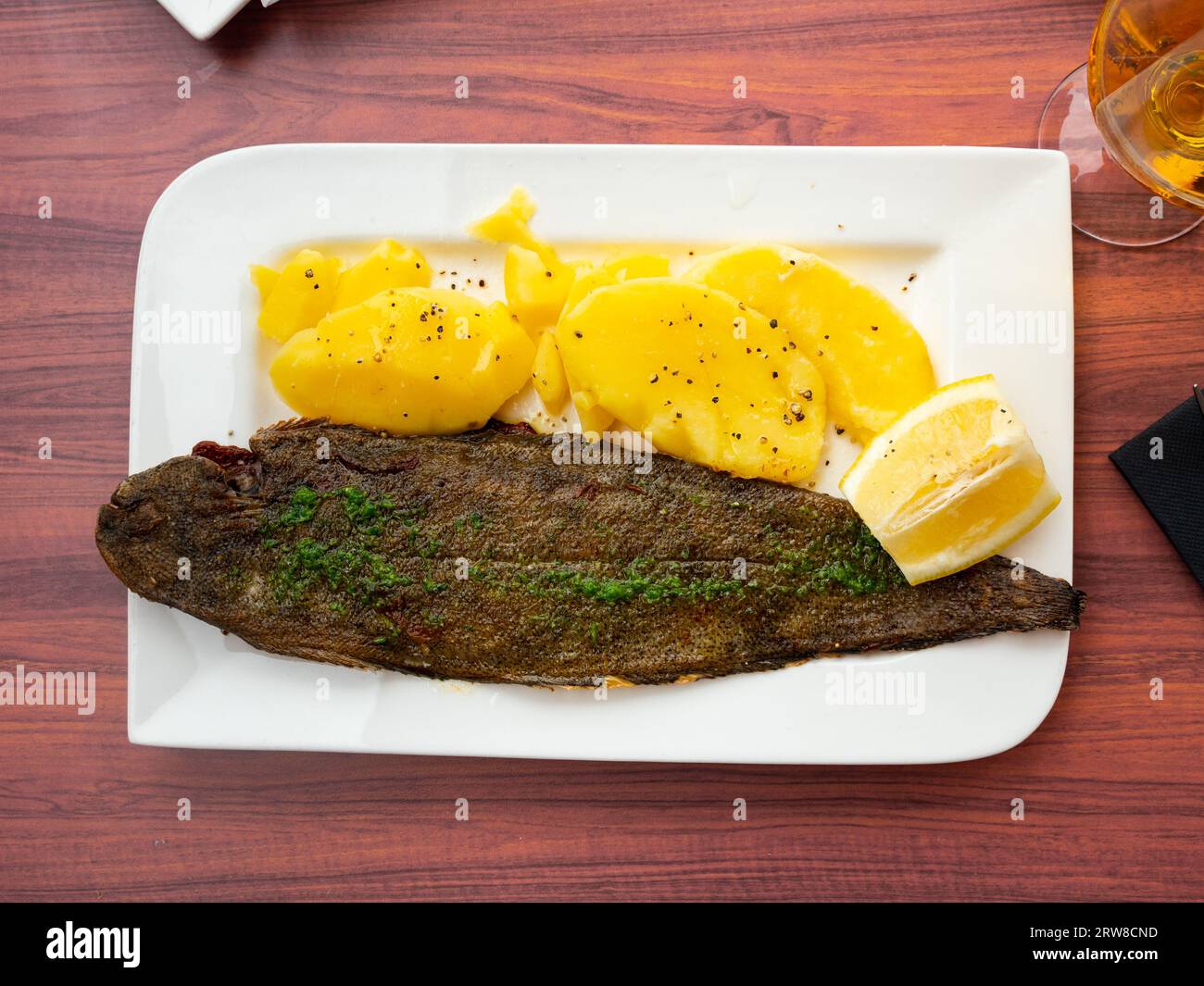 Lenguado fish (sea tongue or European salt) baked served with stewed ...