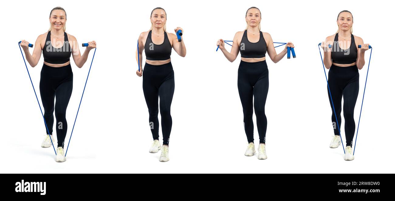 Healthy and active senior woman with different professional fitness ...