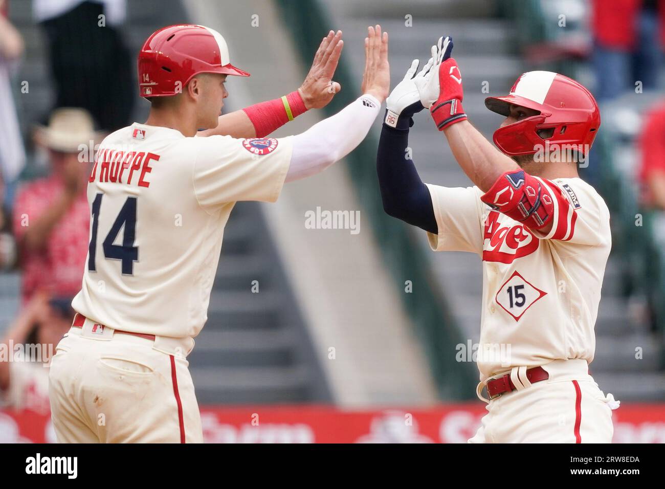 Los Angeles Angels' Randal Grichuk celebrates his two-run home run with ...