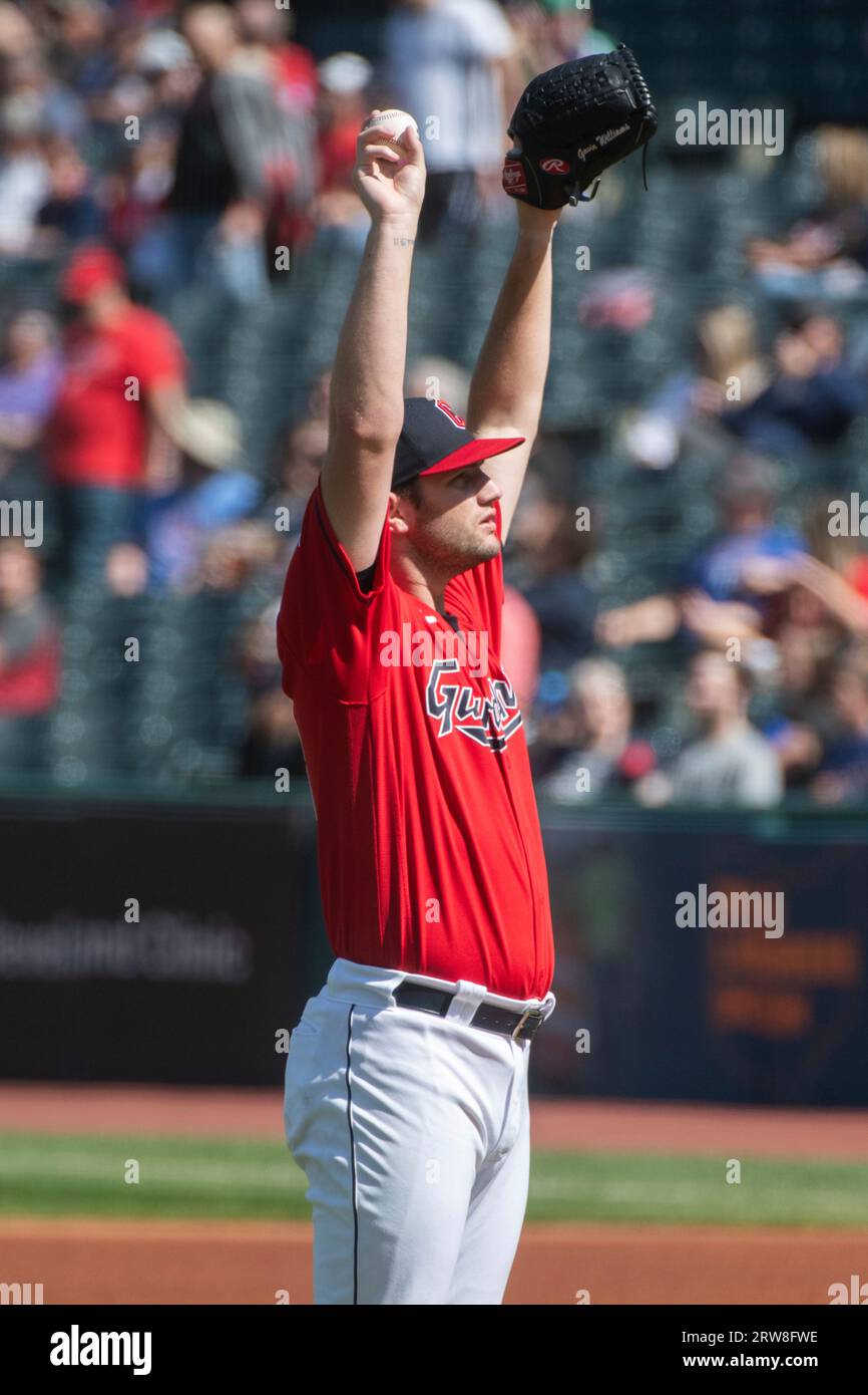 Cleveland Guardians starting pitcher Gavin Williams stretches before a ...
