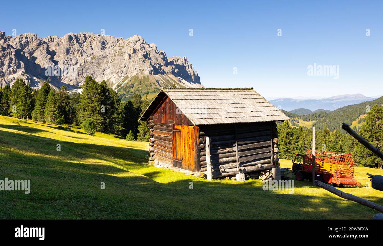 Wooden farm building on hillside in area Mont-de-Fornel, Dolomites ...