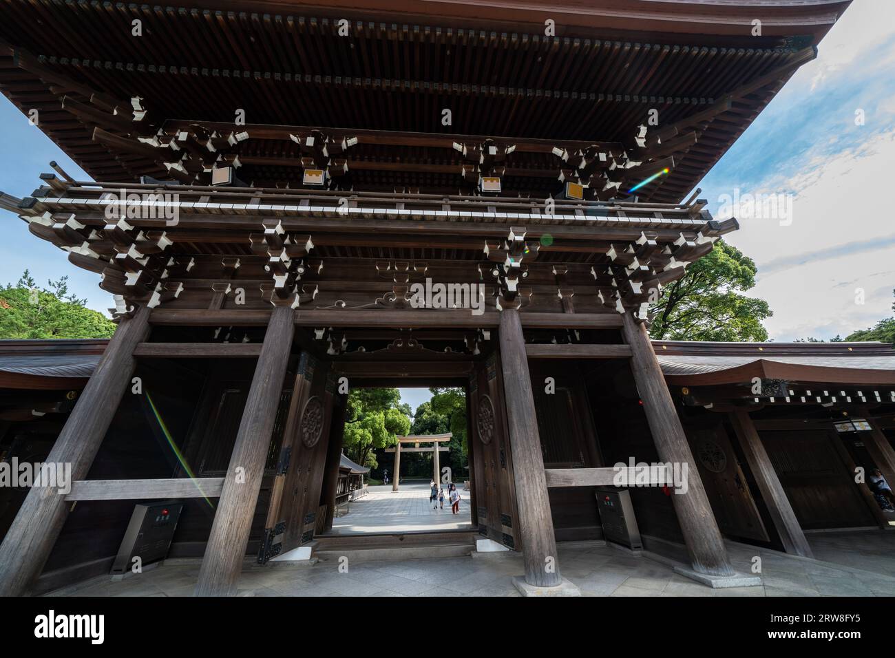Looking out to the Ni no Torii gate from the massive Minami Jinmon Gate ...