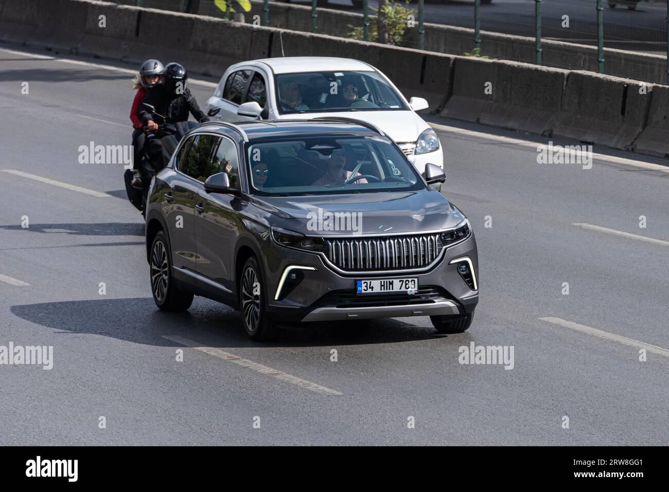 ISTANBUL, TURKEY - SEPTEMBER 17, 2022: Turkish minibus taxi on the way ...