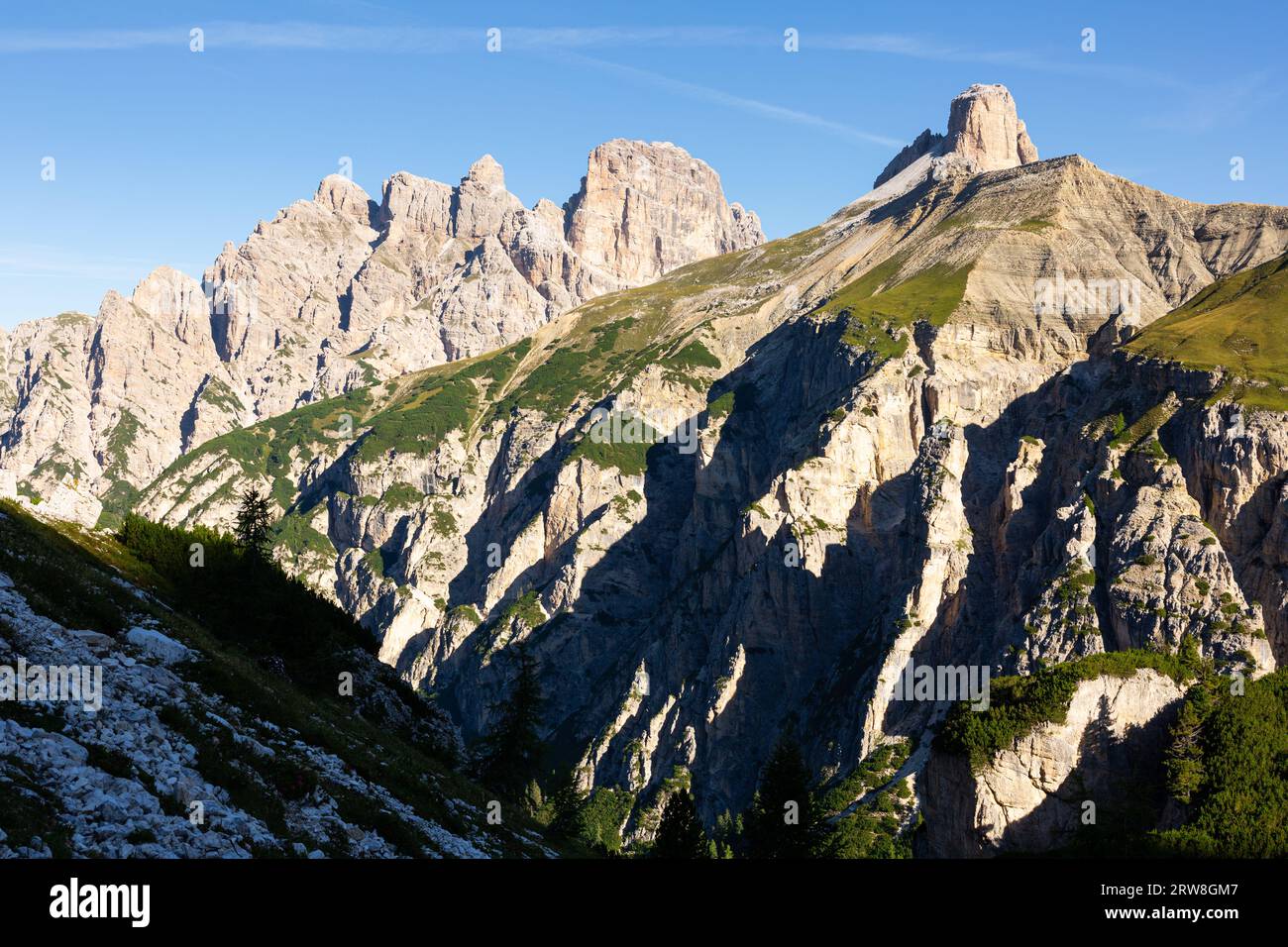 Mountain landscape of Italian Dolomites with rocky Torre dei Scarperi ...