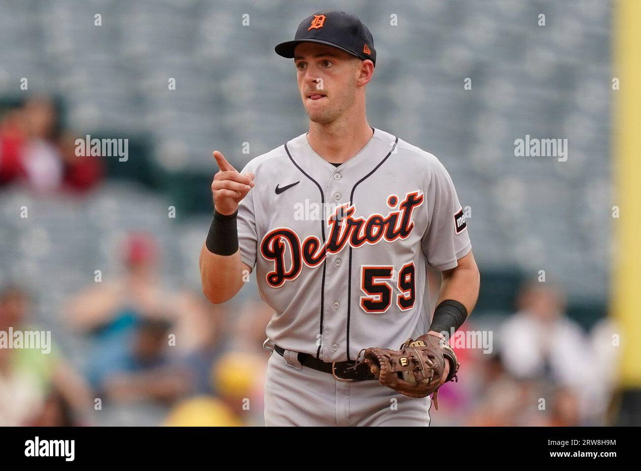 Detroit Tigers shortstop Zack Short celebrates after catching a line ...