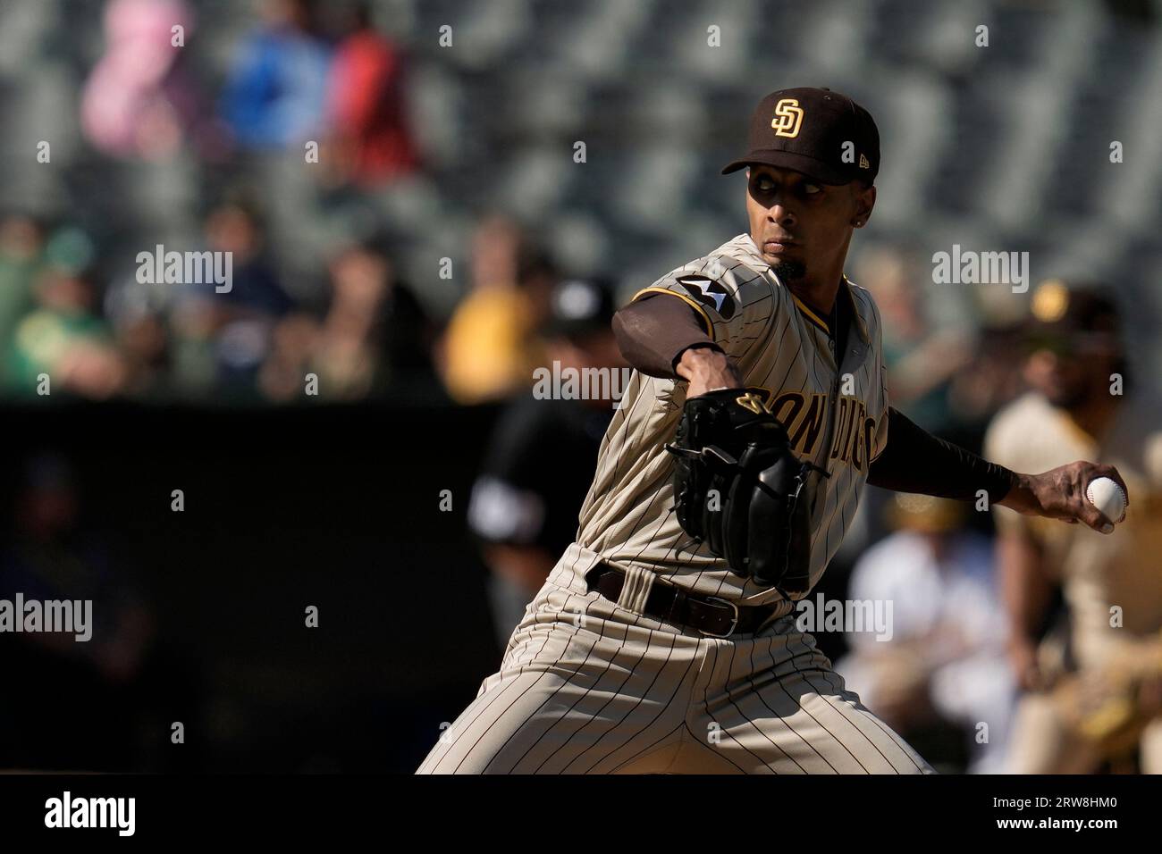 San Diego Padres pitcher Ray Kerr throws to an Oakland Athletics batter ...