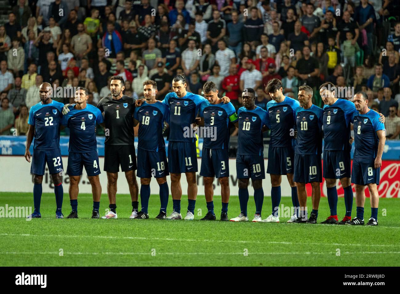 Blue team of football stars are seen during the charity football match ...