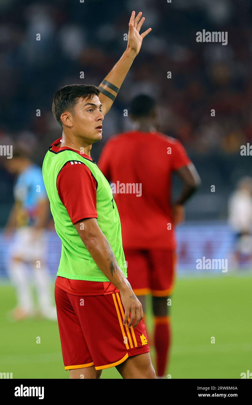 Rome, . 18th Sep, 2023. Rome, Italy 17.09.2023: Paulo Dybala of Roma during warm-up before the ...