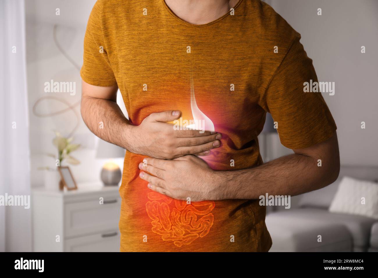 Healthcare service and treatment. Man suffering from abdominal pain in ...